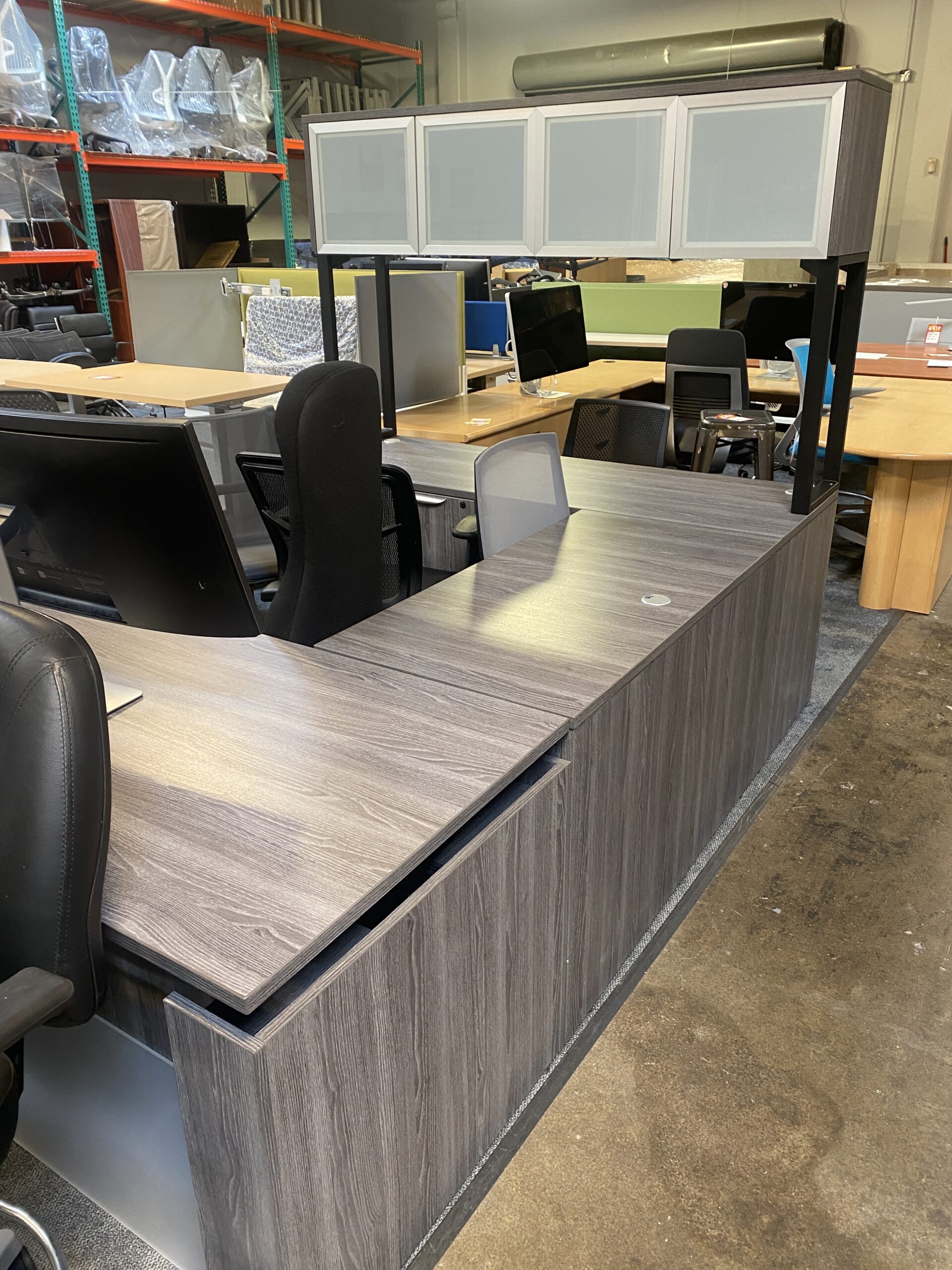 Newport Grey executive desk set, with overhead hutch, sit stand desk ...
